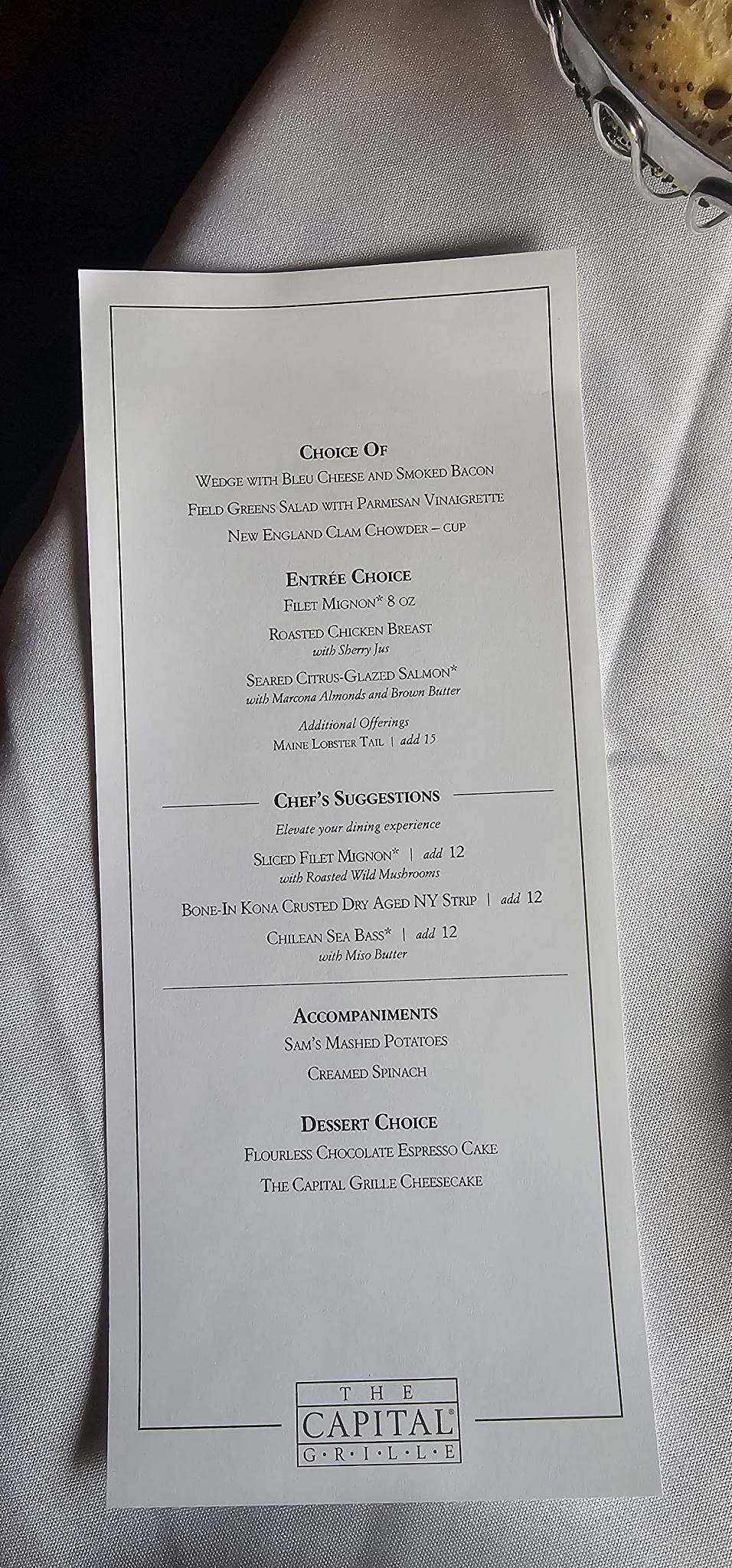 Menu at The Capital Grille pub & bar, Kansas City, Broadway Blvd