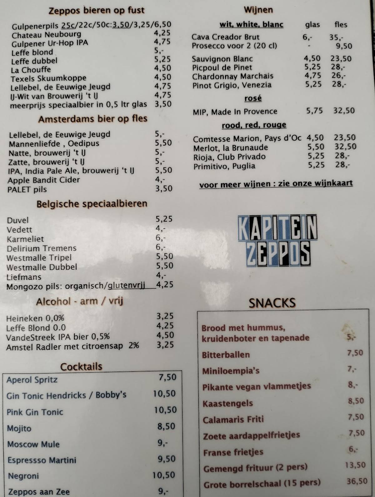 Speisekarte von Kapitein Zeppos, Amsterdam, Gebed Zonder End 5