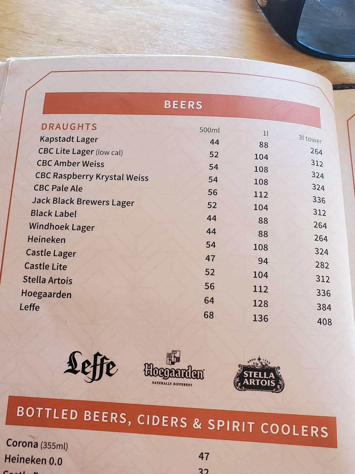 Menu at Kapstadt Brauhaus Strand restaurant, Cape Town