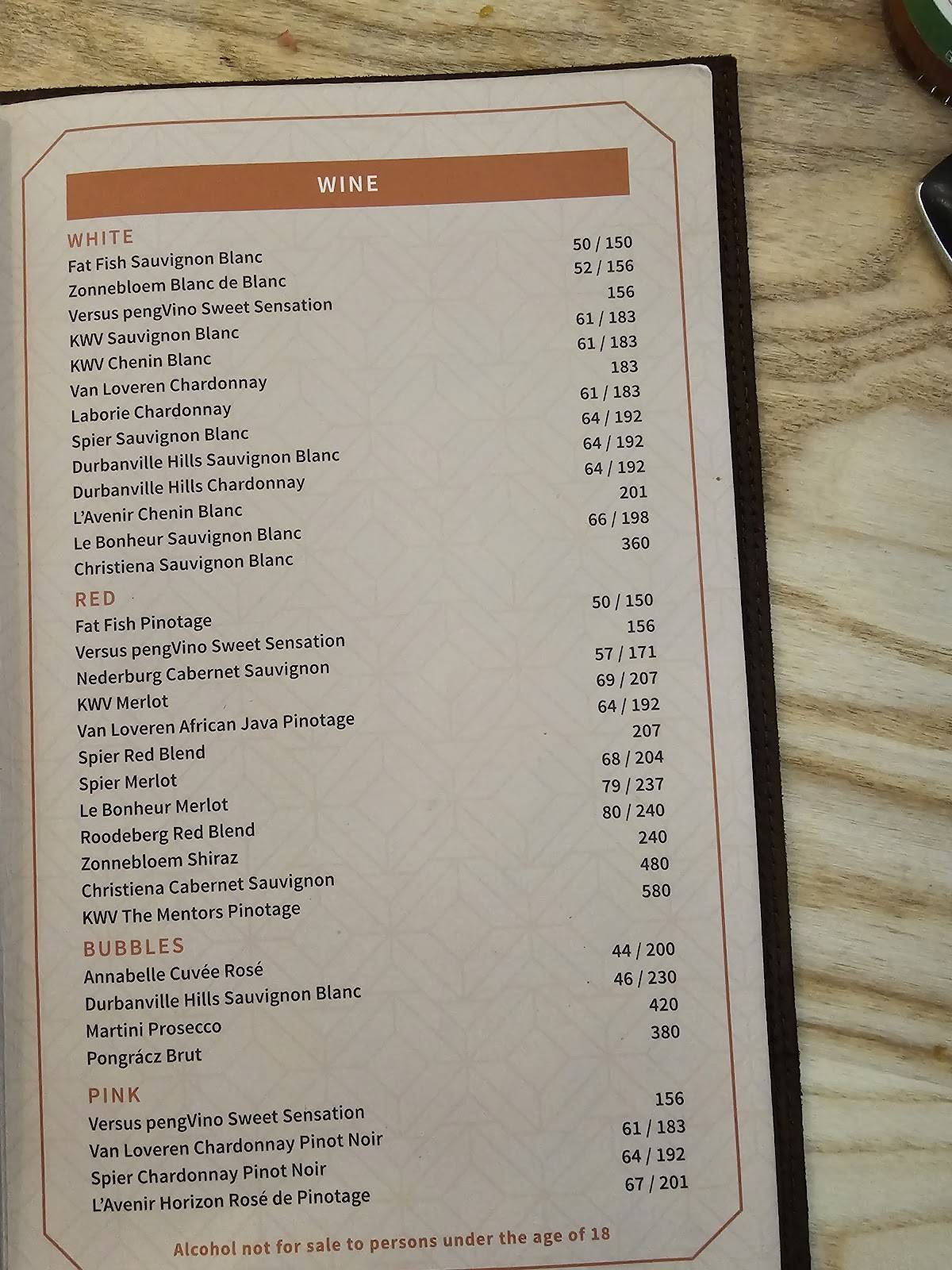 Menu at Kapstadt Brauhaus Strand restaurant, Cape Town