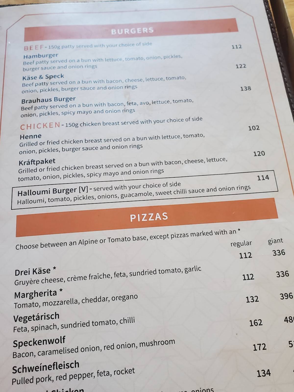 Menu at Kapstadt Brauhaus Strand restaurant, Cape Town