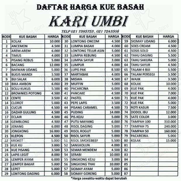 Menu at Kari Umbi restaurant, South Jakarta, QQ3X+2V5