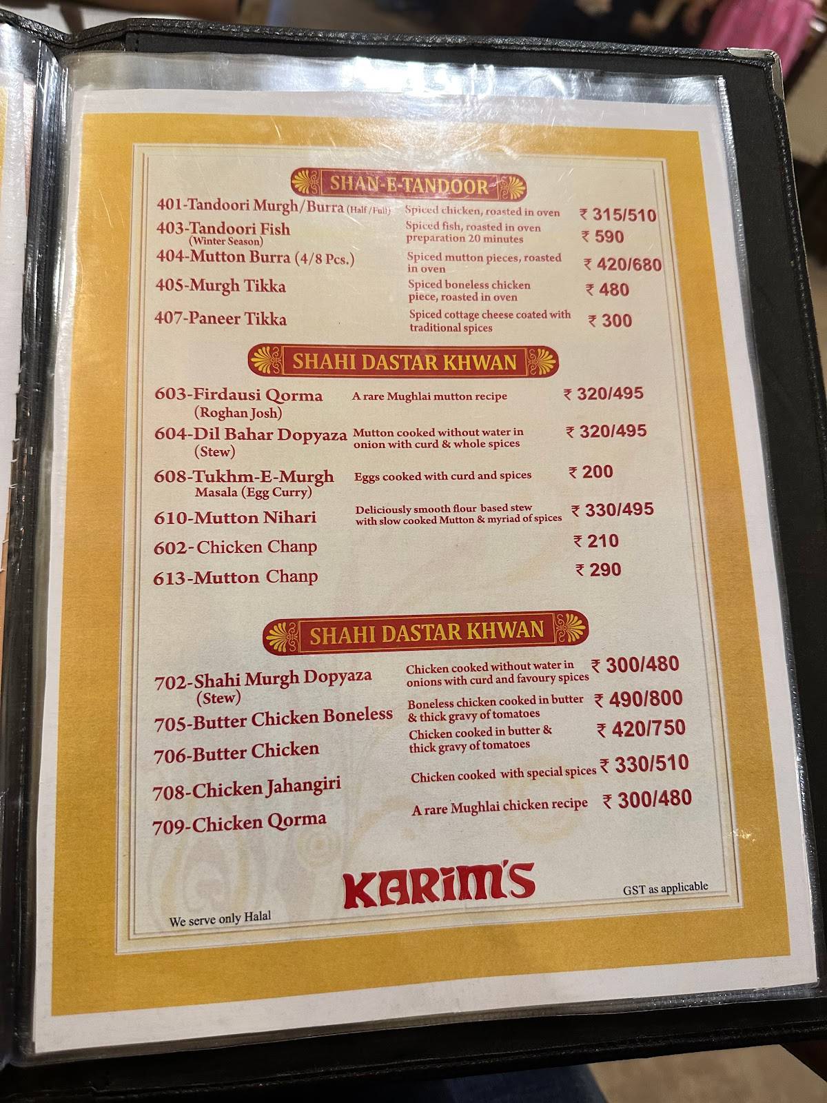 Menu at Karim's (Original from Jama Masjid Delhi 6) - Barasat, Kolkata