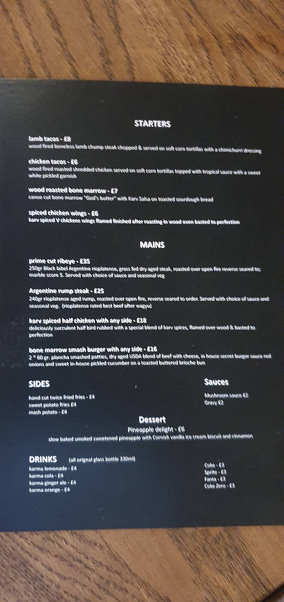 Menu at Karv Steakhouse, London