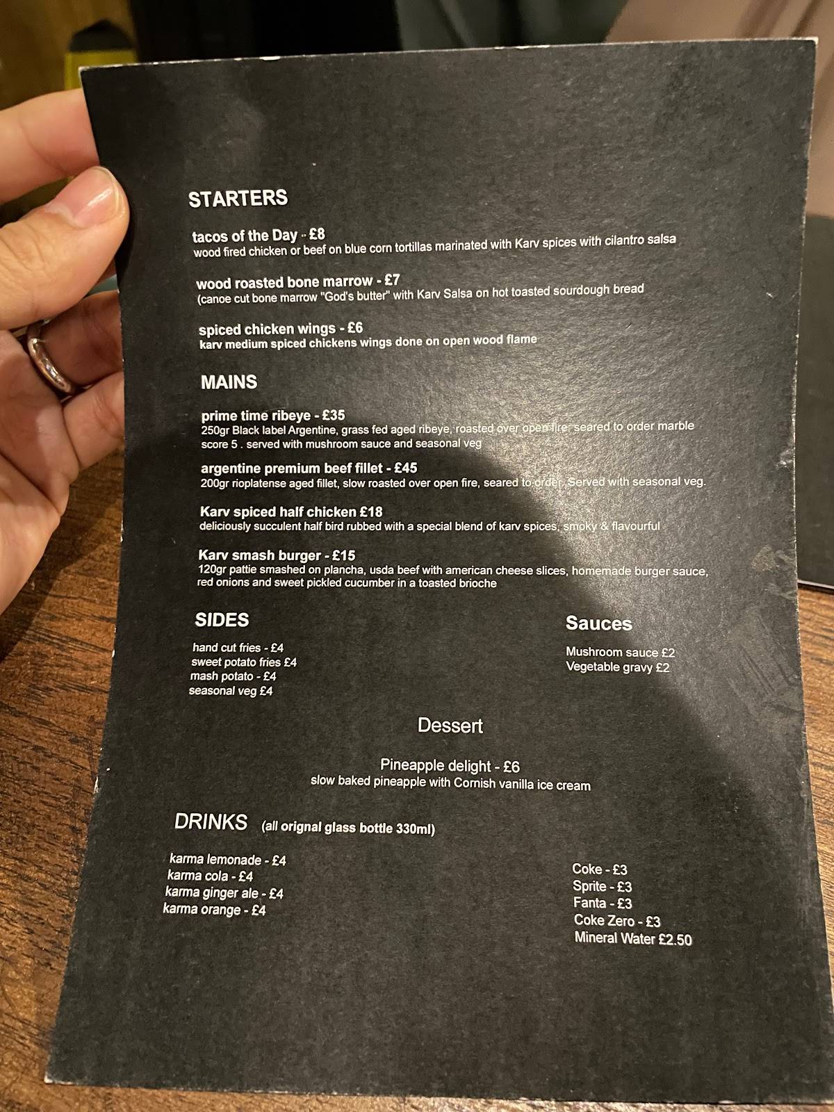 Menu at Karv Steakhouse, London