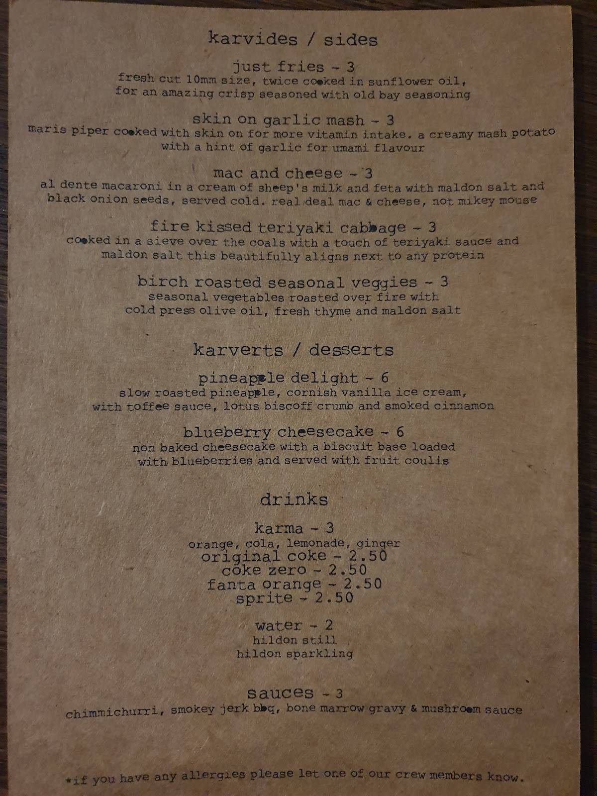 Menu at Karv Steakhouse, London