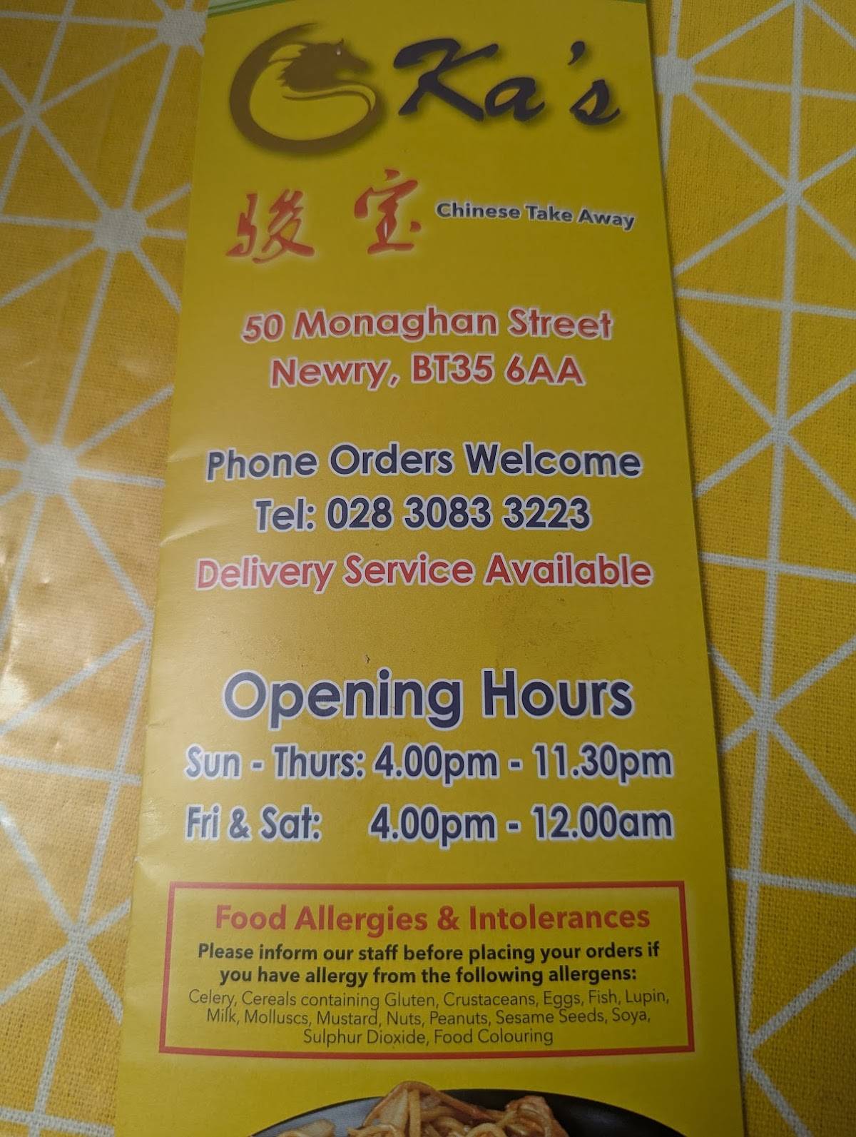 Menu at Ka's Chinese Takeaway restaurant, Newry