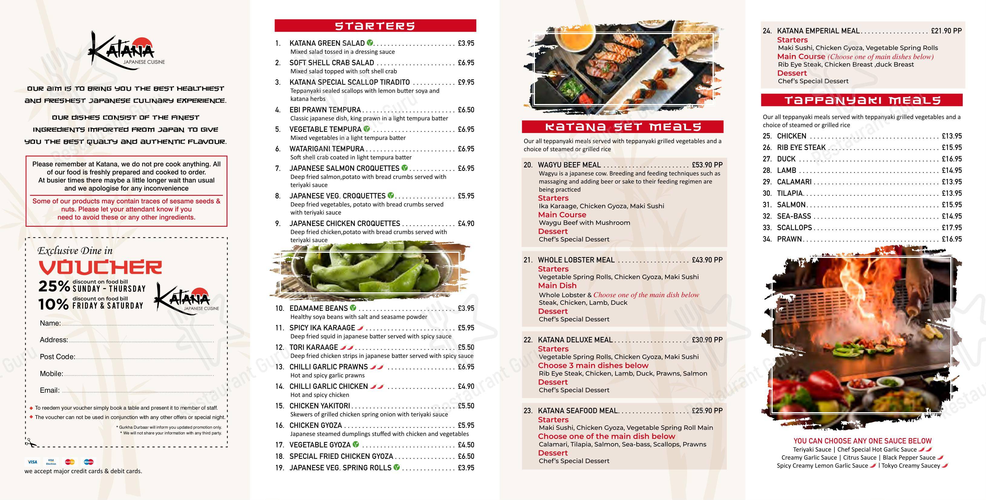 Menu at Katana restaurant, Grantham