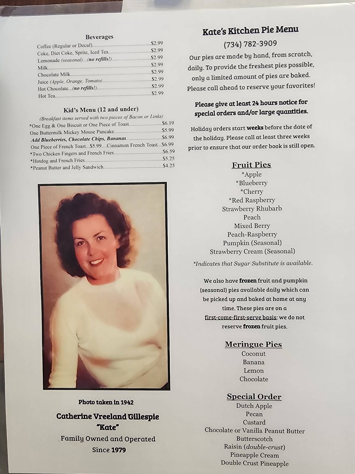 Menu at Kate's Kitchen restaurant, Flat Rock