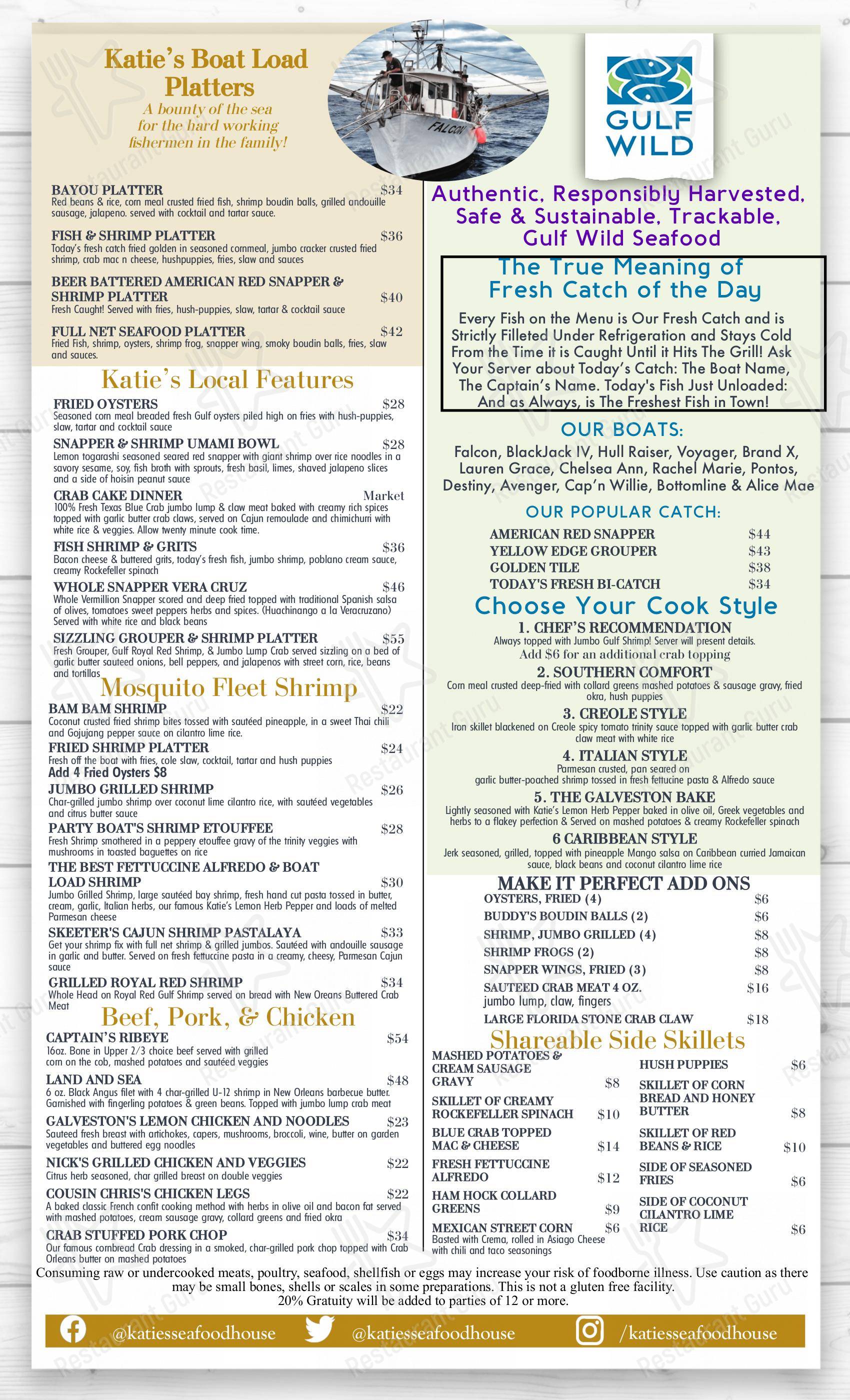 Menu at Katie's Seafood House restaurant, Galveston