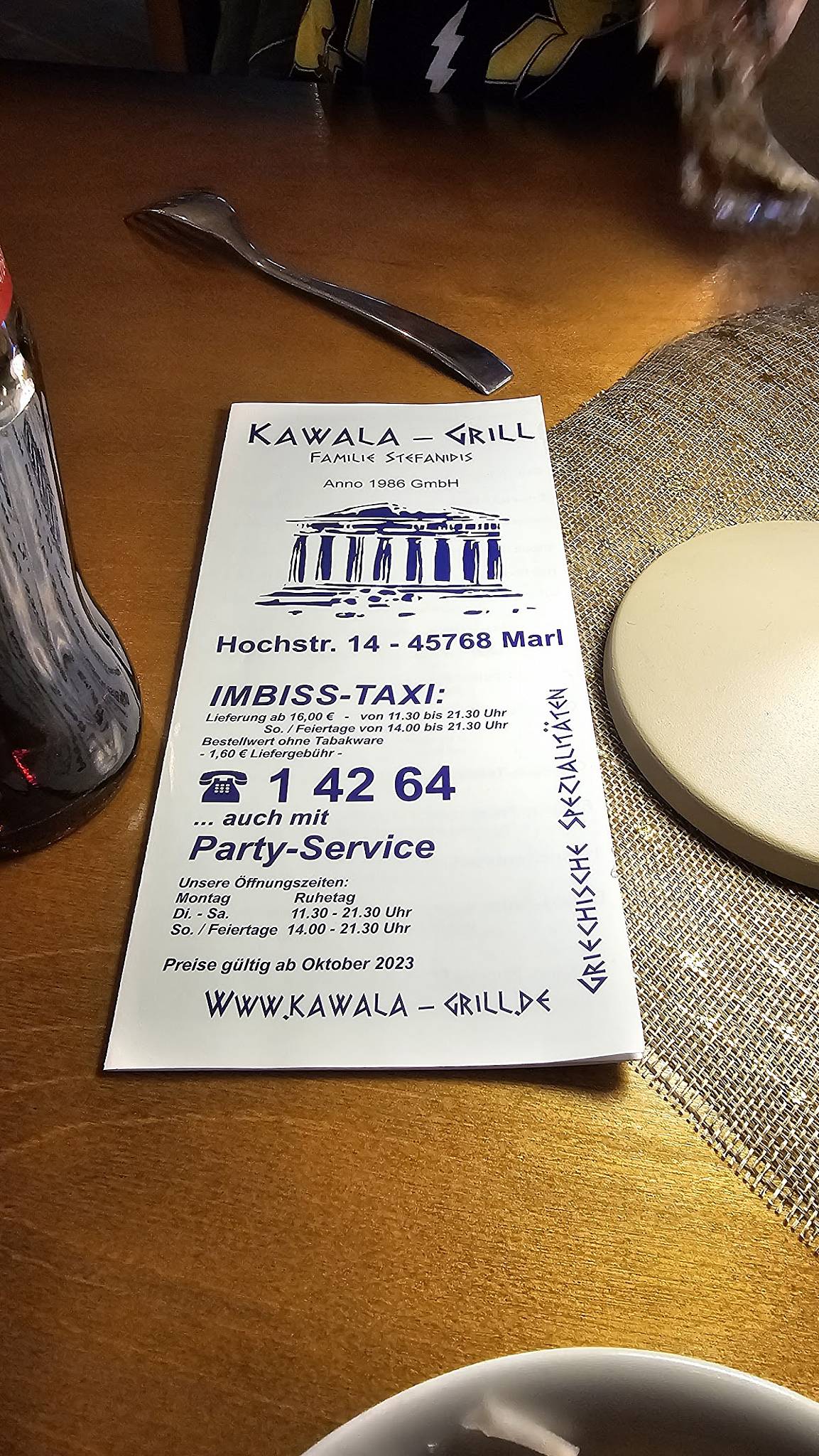 Speisekarte von Kawala Grill Anno 1986 fast Food, Marl