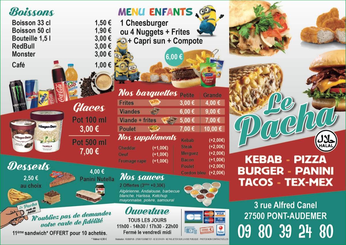 Menu au Kebab le pacha restaurant, Pont-Audemer