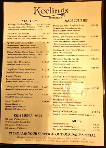 Menu at Keelings pub & bar, Donabate, 9 Main St