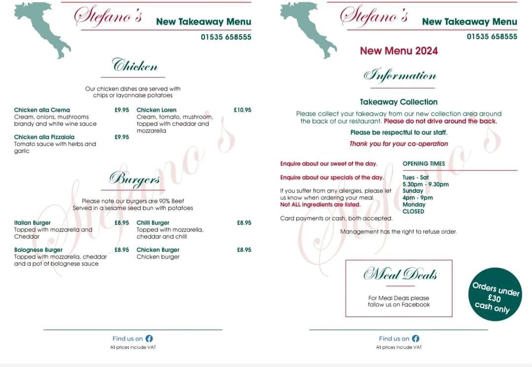Menu at Stefano's restaurant, Keighley