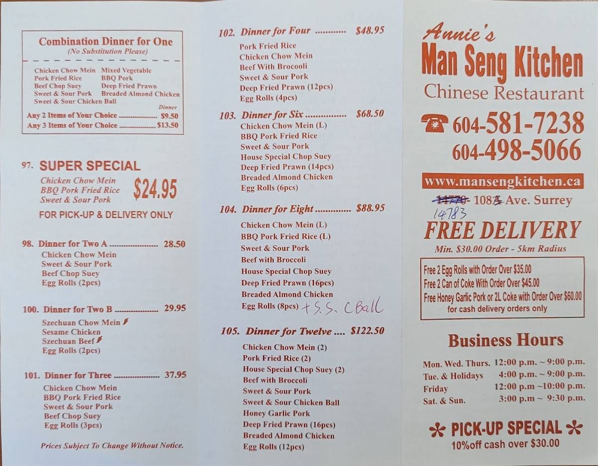 Menu at Kel-Fen's Kitchen Chinese Restaurant, Surrey