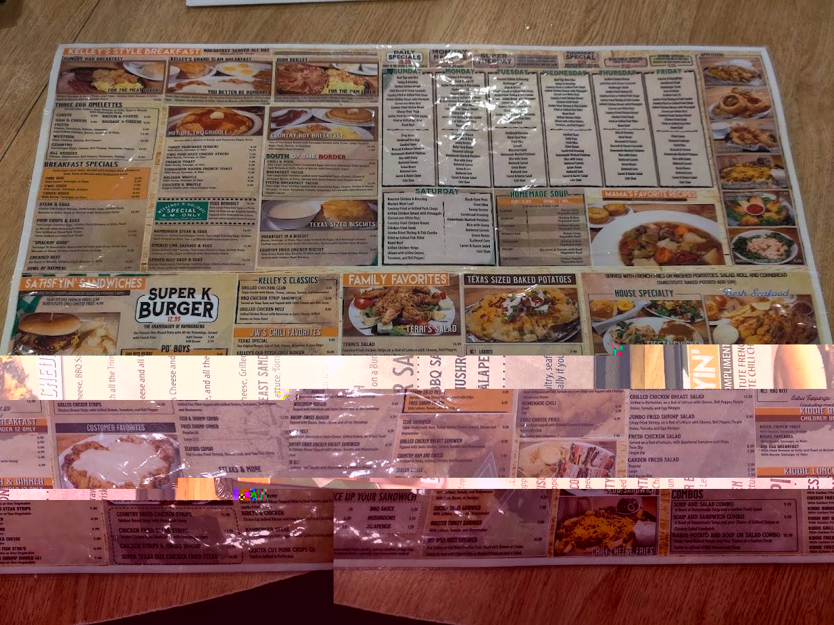 Menu at Kelley's Country Cookin' restaurant, Pasadena, Spencer Hwy
