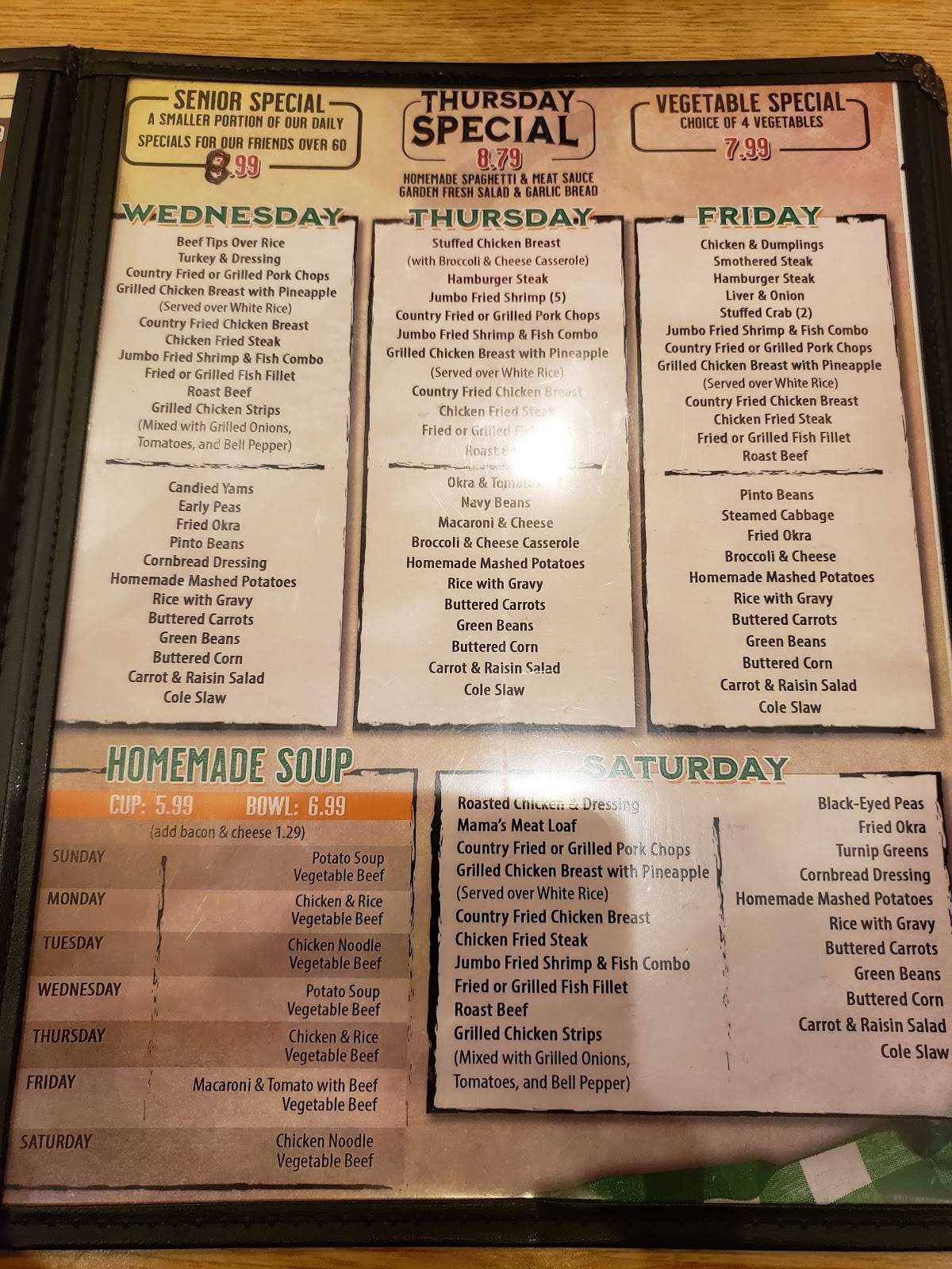 Menu at Kelley's Country Cookin' restaurant, Pasadena, Spencer Hwy