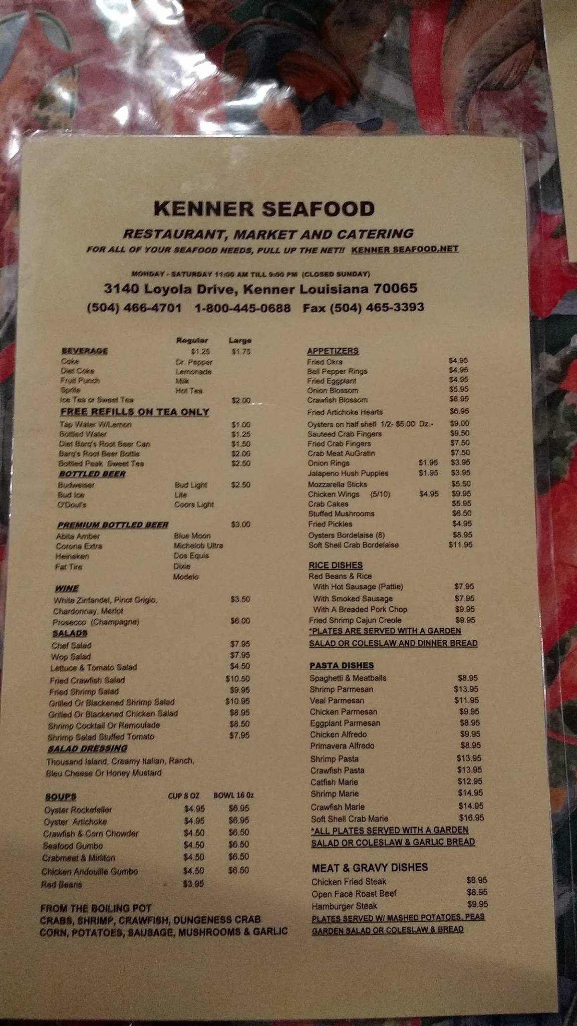 Menu at Kenner Seafood, Market, Restaurant & Catering, Kenner