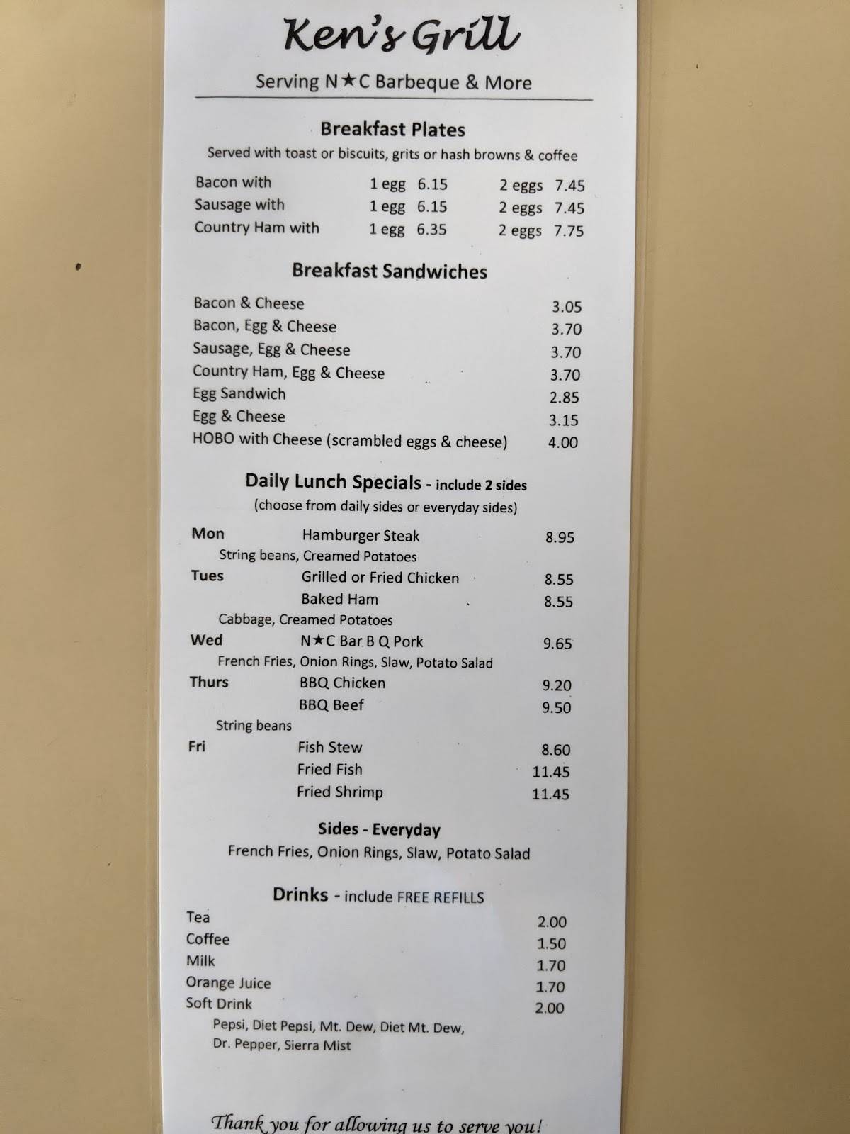 Menu at Ken's Grill & NC Barbecue, La Grange