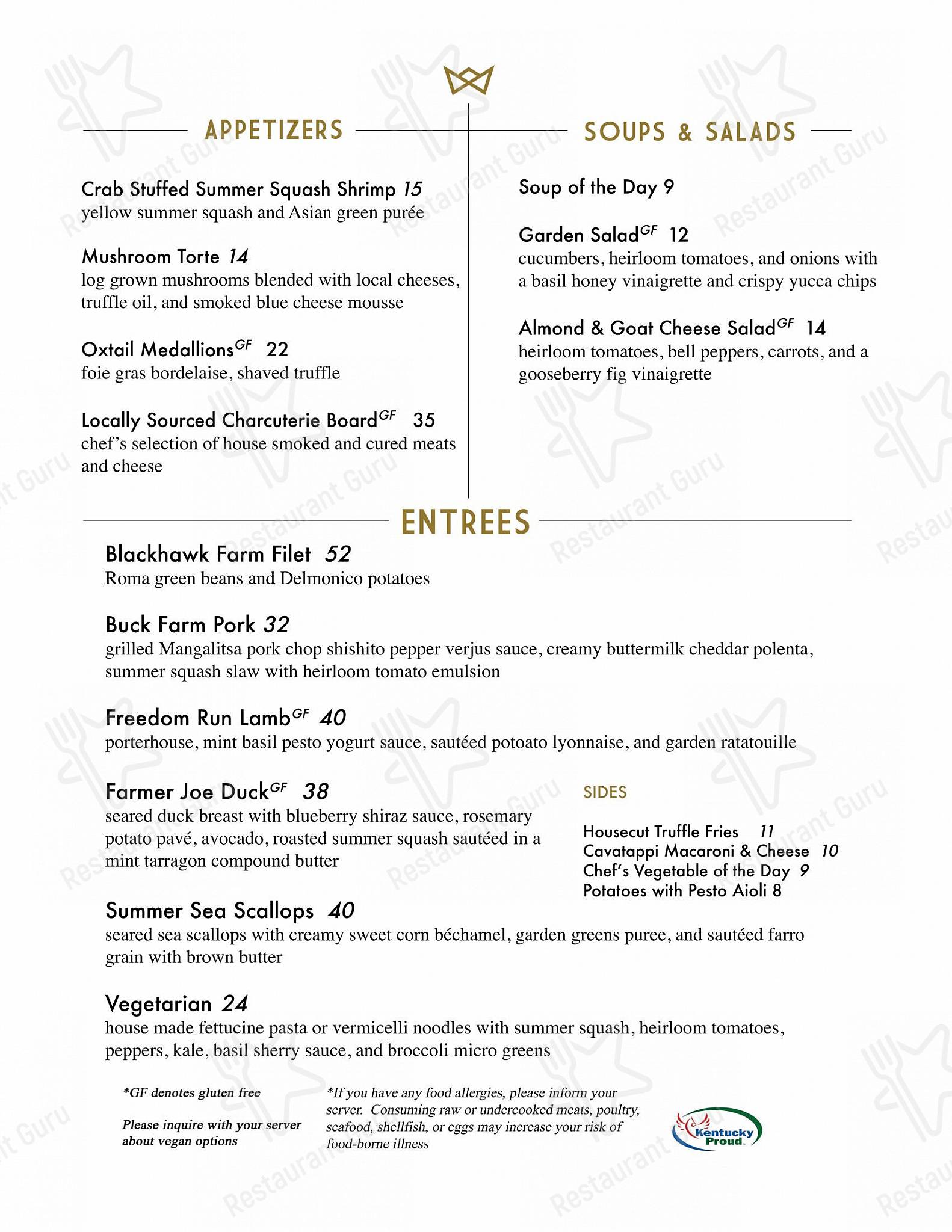 Menu at The Kentucky Castle restaurant, USA