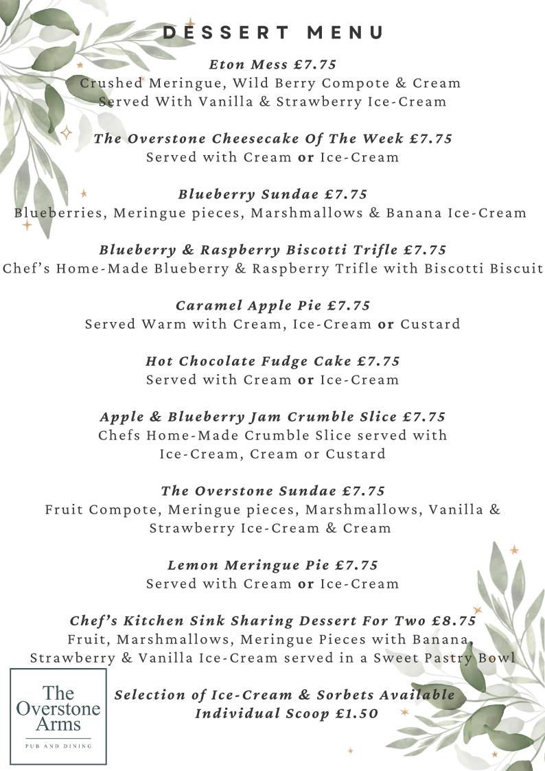 Menu at The Overstone Arms Pub and Dining, Kettering