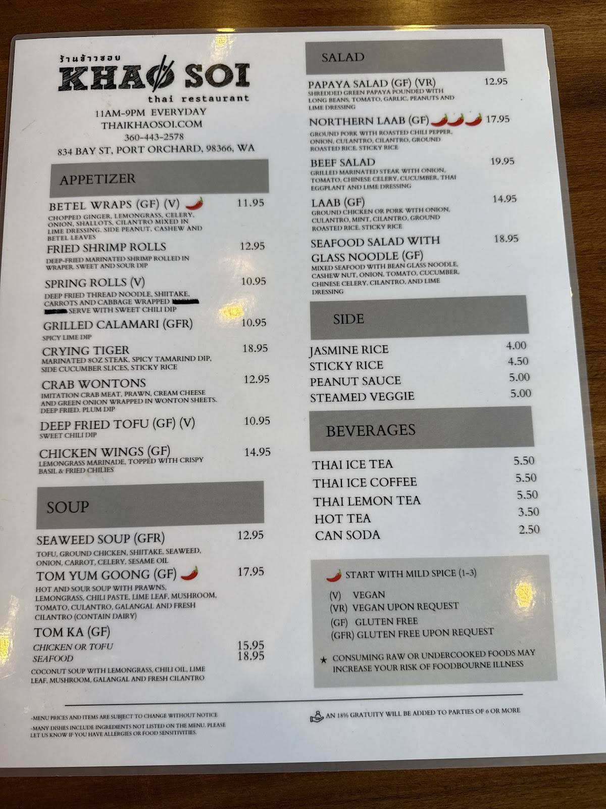 Menu at Khao Soi restaurant, Port Orchard