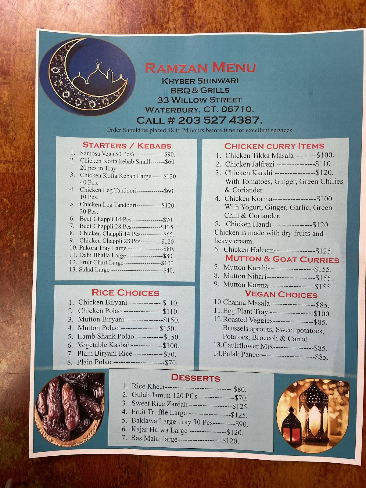 Menu at Khyber Shinwari BBQ & Grill, Waterbury