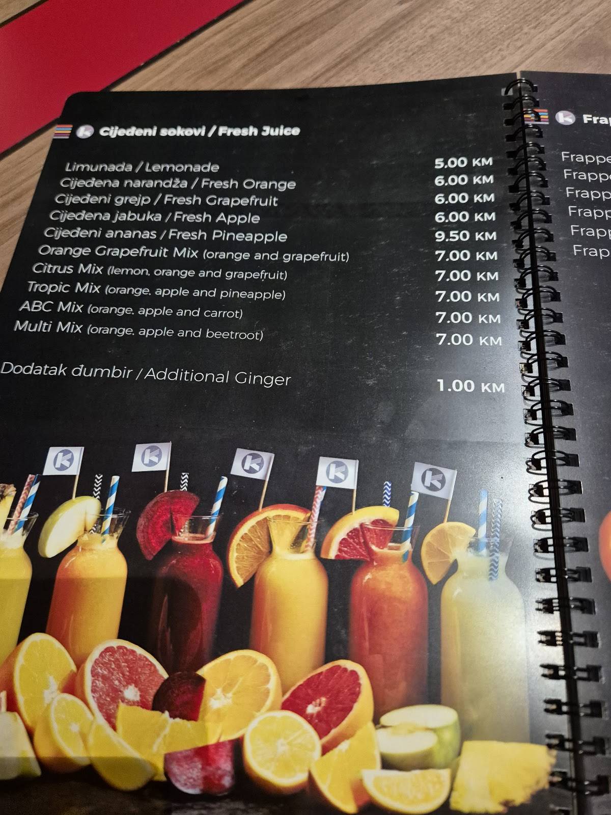 Menu at Kilim Titova restaurant, Sarajevo