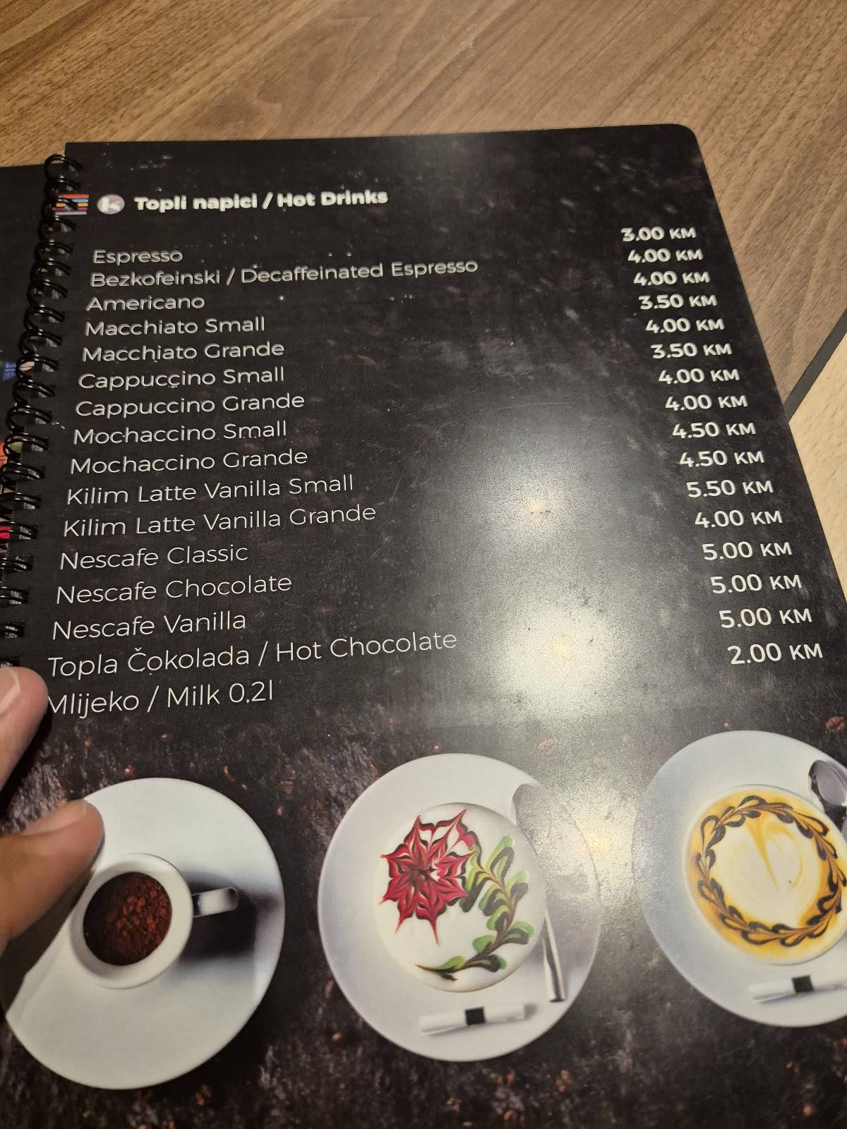Menu at Kilim Titova restaurant, Sarajevo