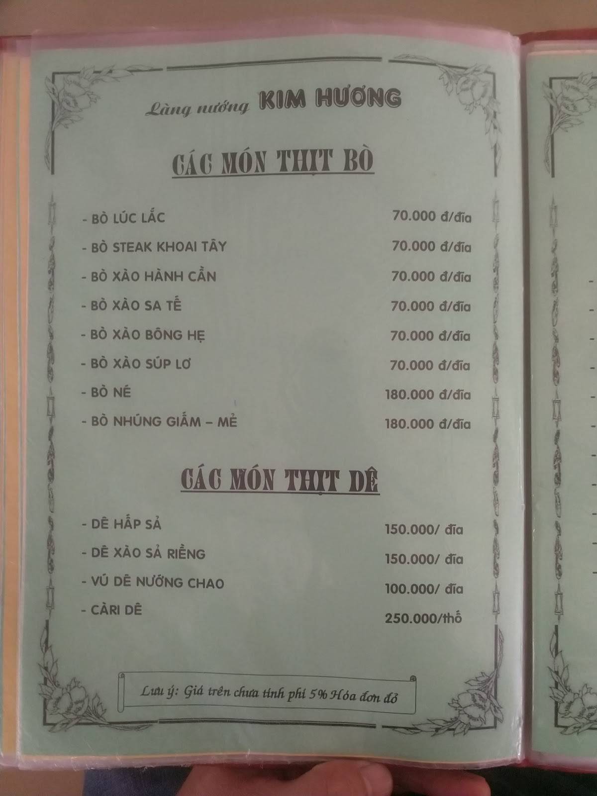 Menu at Kim Huong Grill Restaurant, La Gi