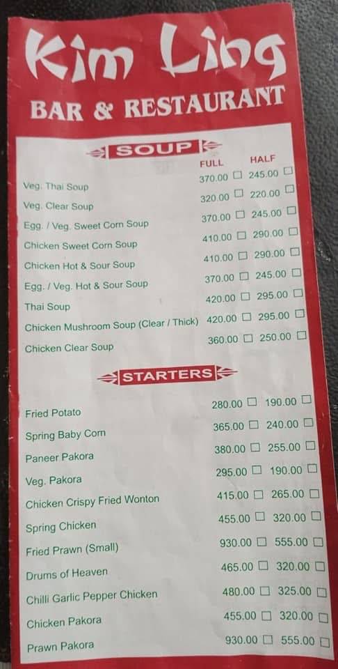 Menu at Kim Ling Kolkata China Town, Kolkata, G9XQ+5V4