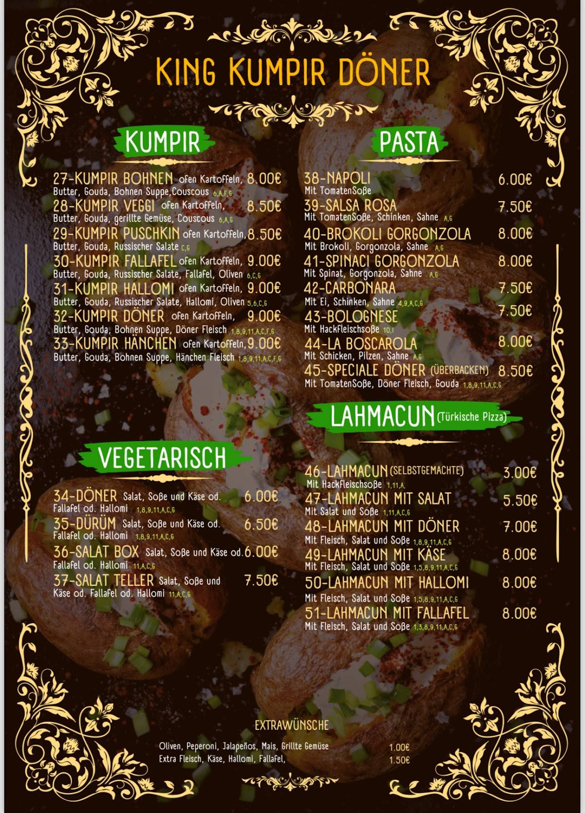 Menu at King Kumpir Döner restaurant, Leipzig