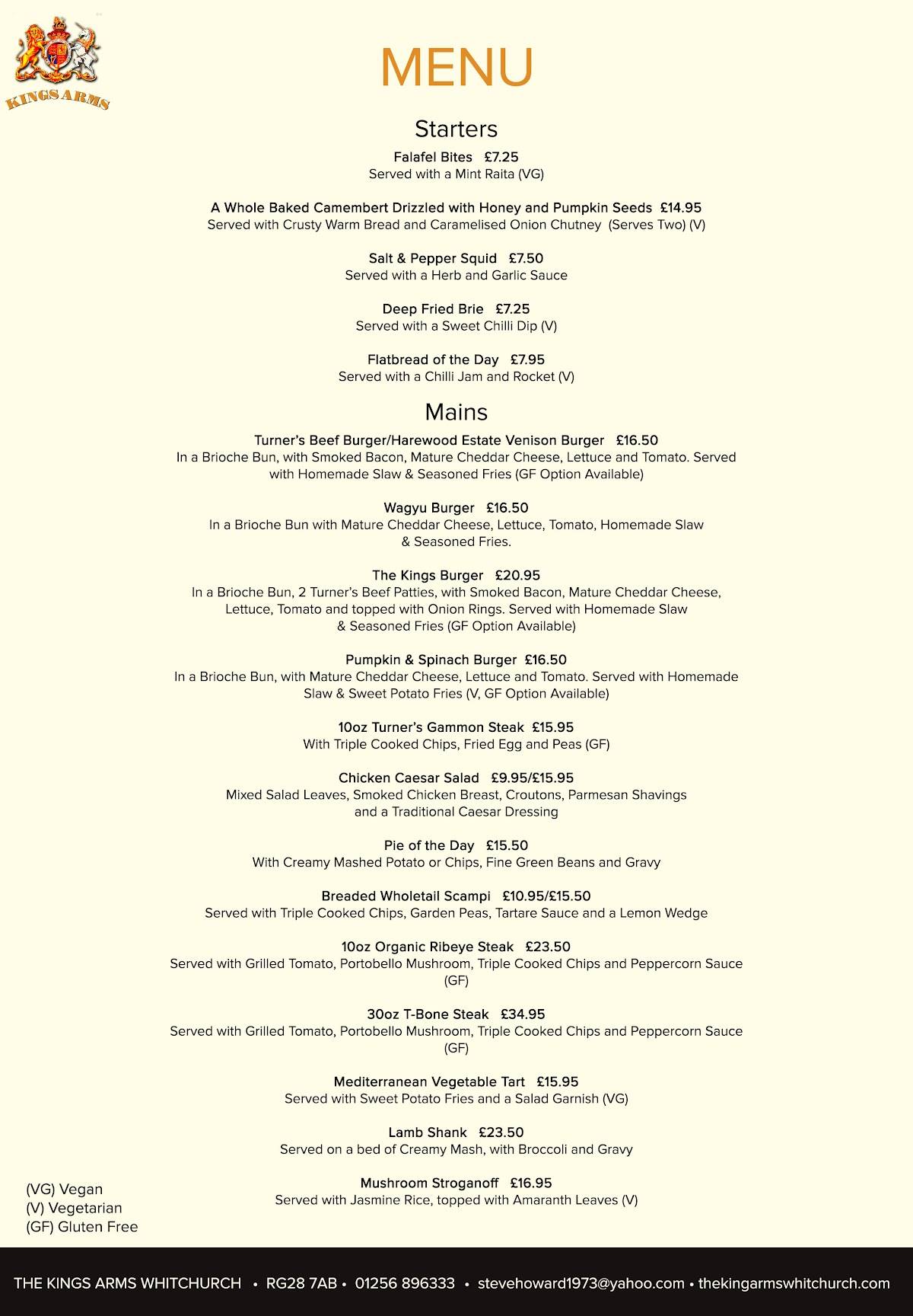 Menu at Kings Arms pub & bar, Whitchurch