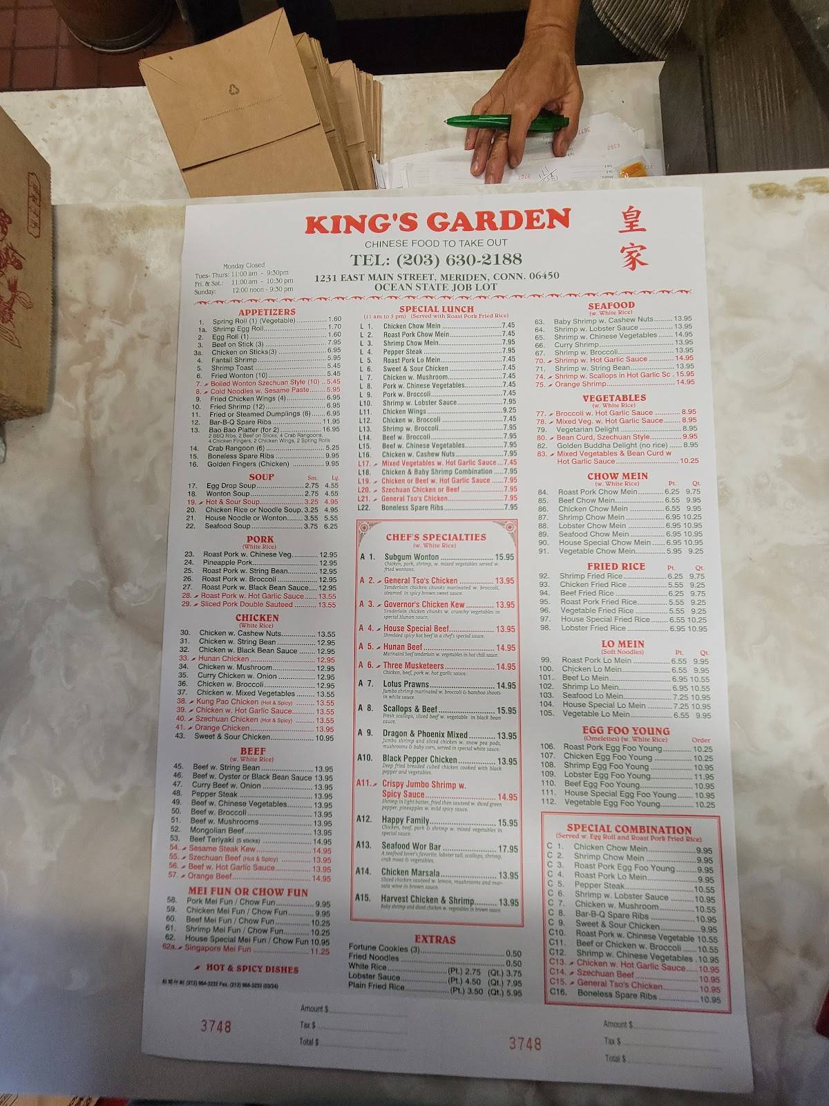 Menu at King's Garden restaurant, Meriden