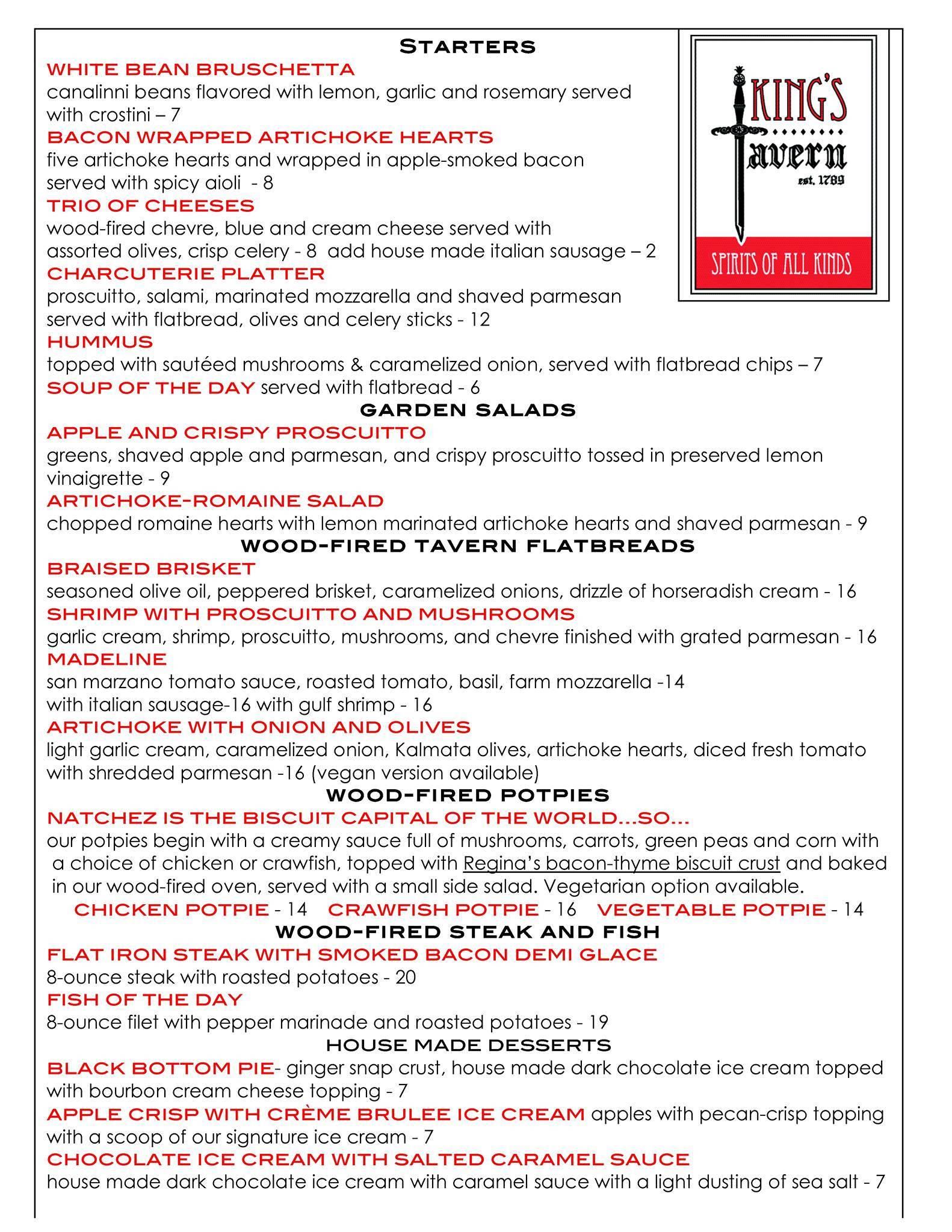 Menu at King's Tavern pub & bar, Natchez, 613 Jefferson St