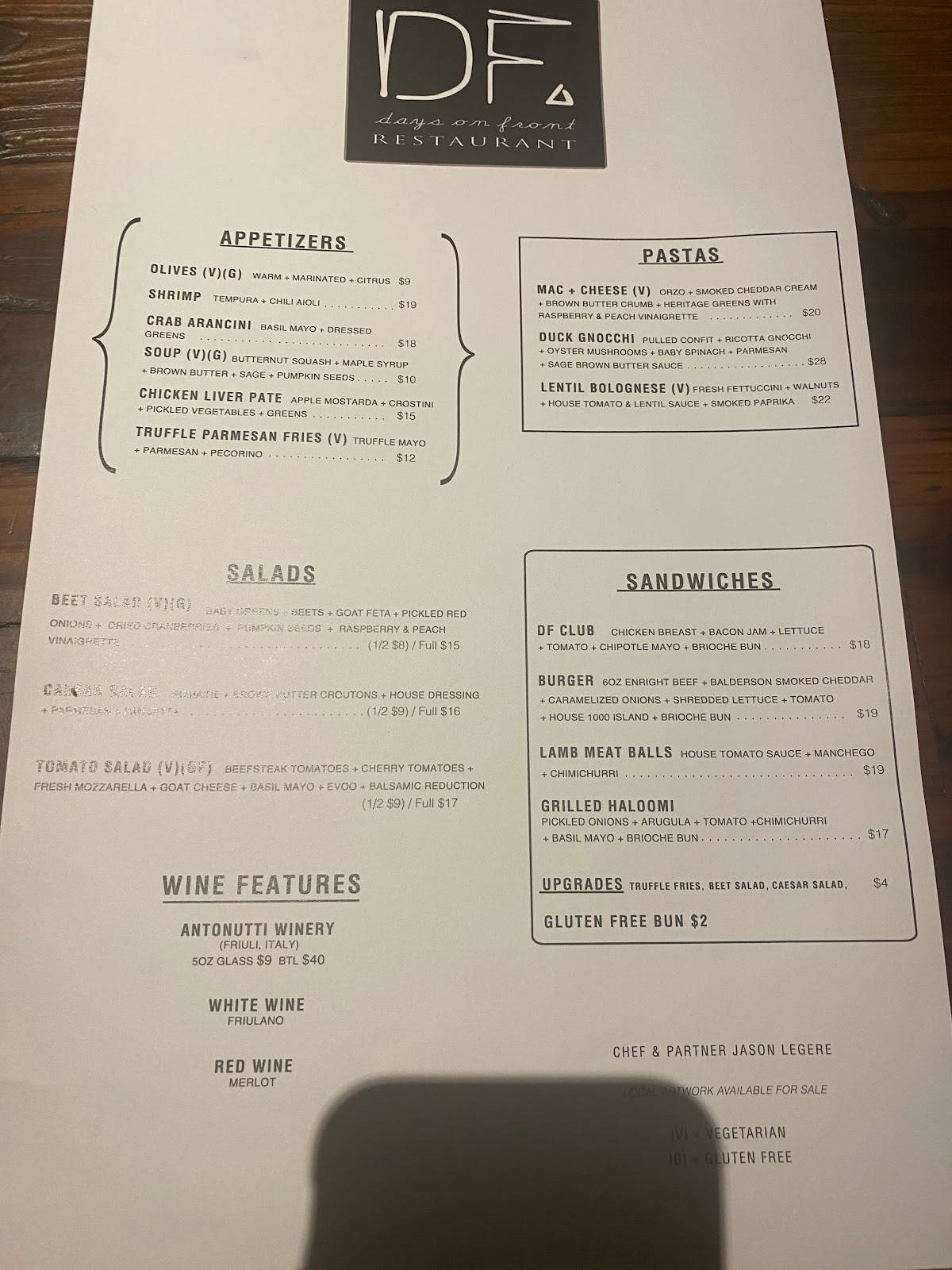Menu at Days on Front restaurant, Kingston