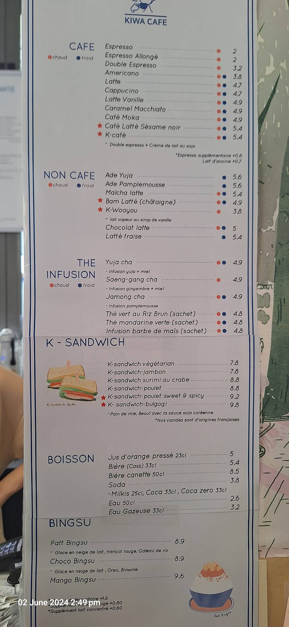 Menu au Kiwa café, Lyon