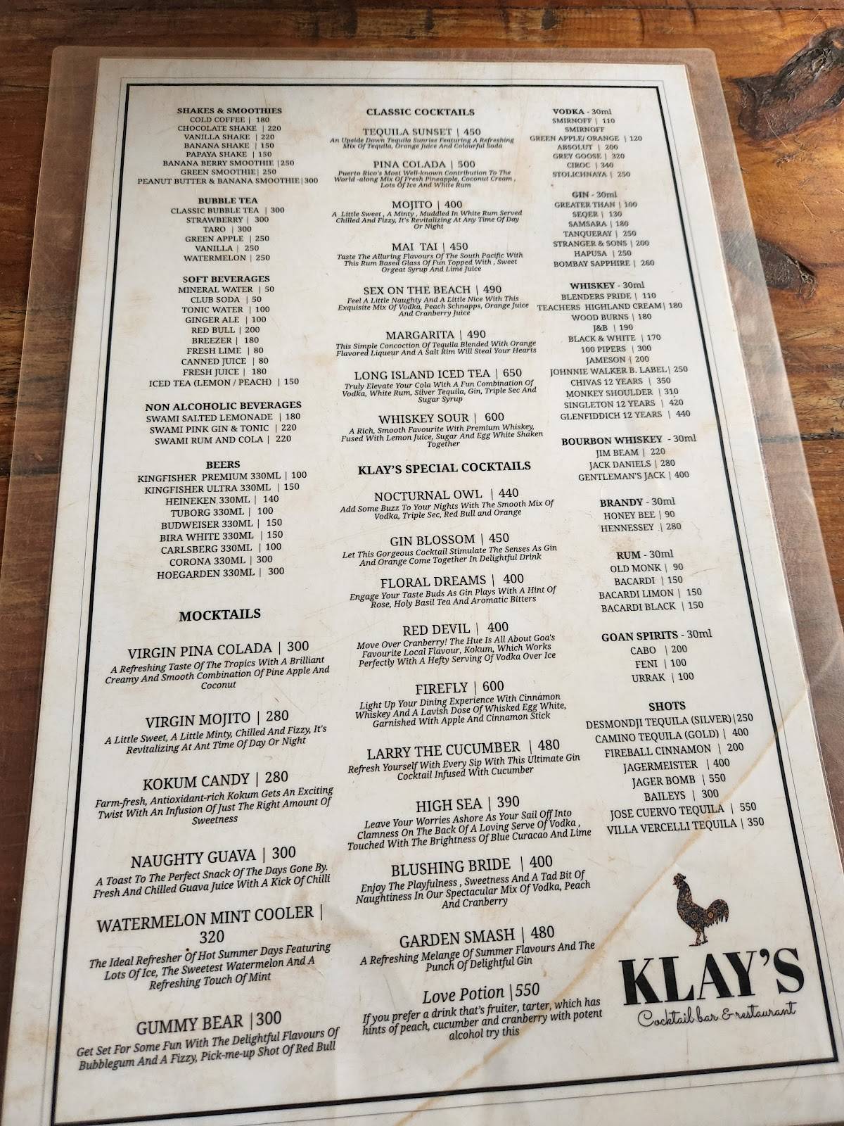 Menu at Klay's Cocktail Bar and Restaurant, Vagator