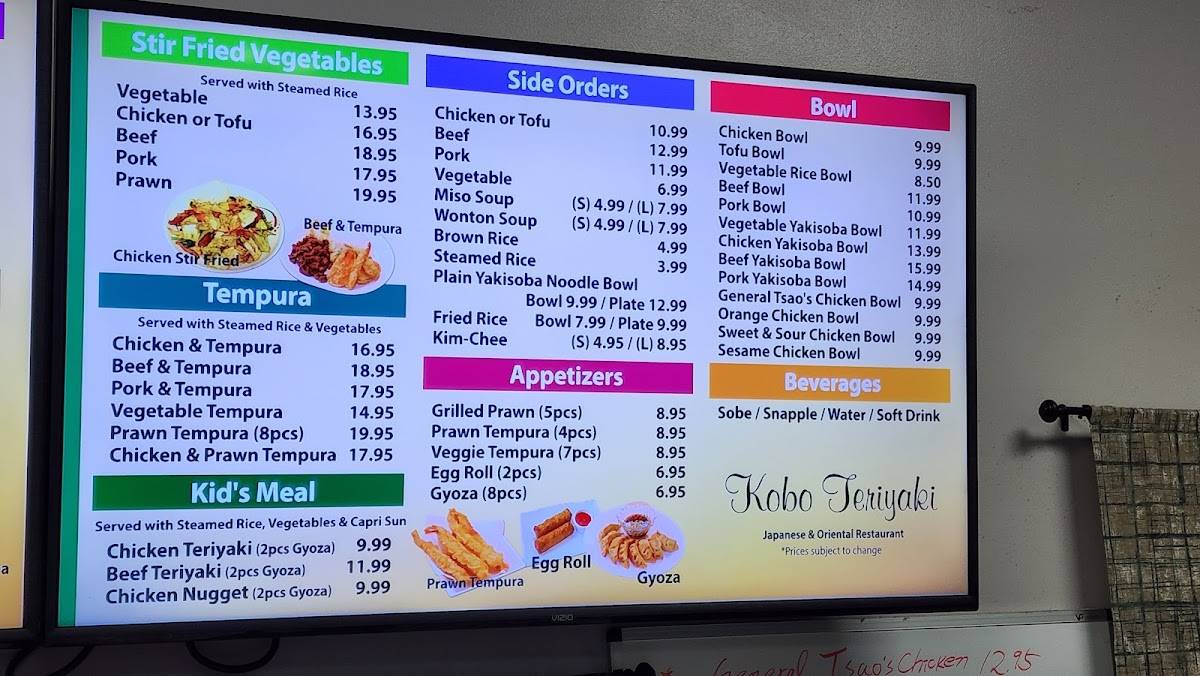 Menu at Kobo Teriyaki restaurant, Chehalis