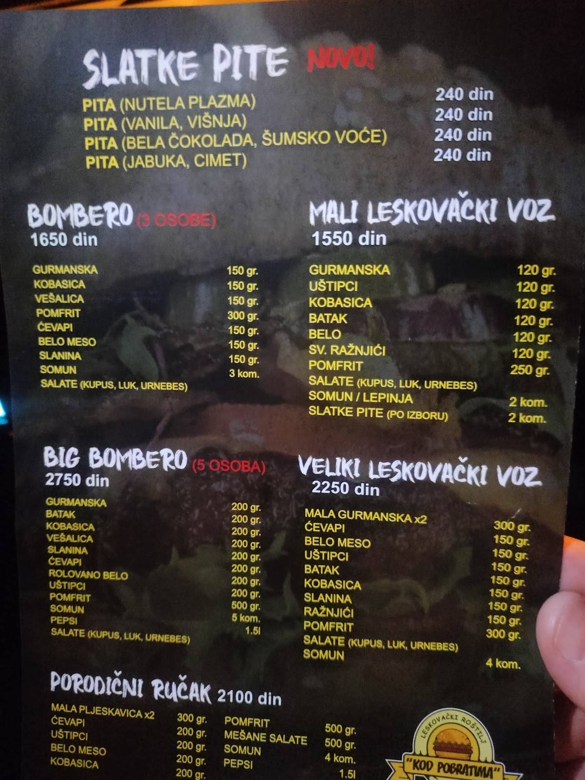 Menu at Kod Pobratima restaurant, Belgrade, Bulevar Peka Dapčevića 53