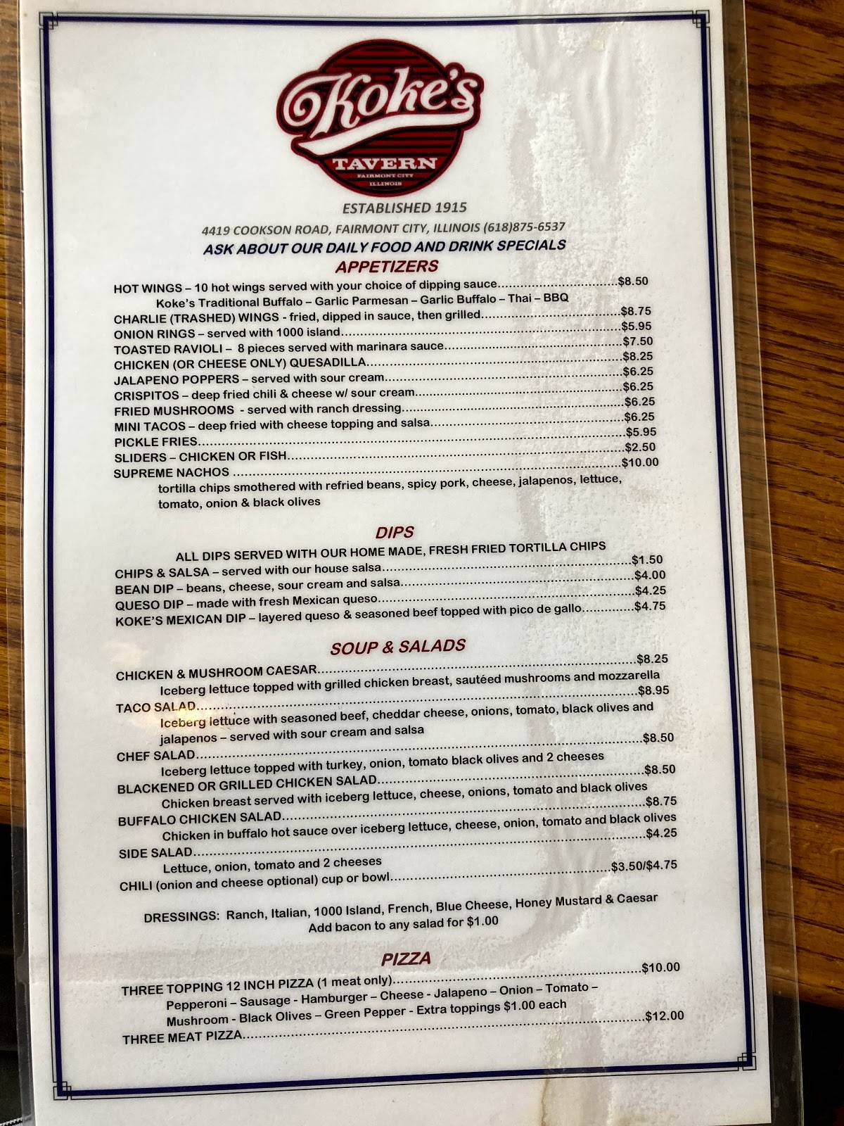 Menu at Koke's pub & bar, Fairmont City