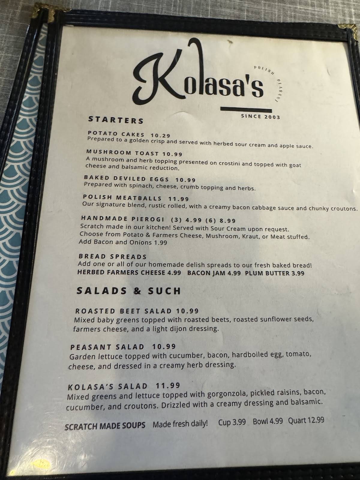 Menu at Kolasa’s Restaurant (The Polish Peasant), Michigan City