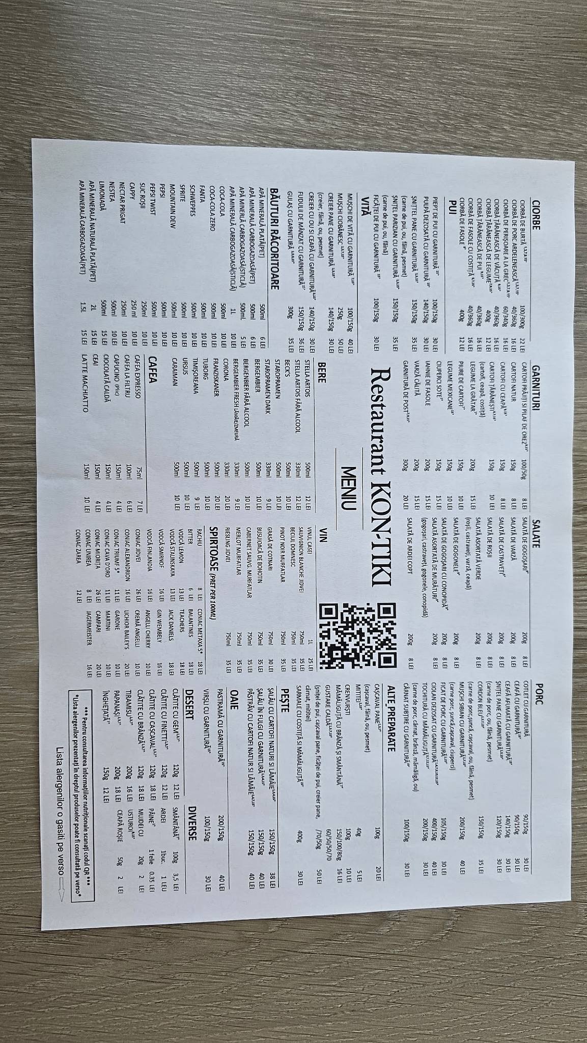 Menu at Kon Tiki, Sibiu