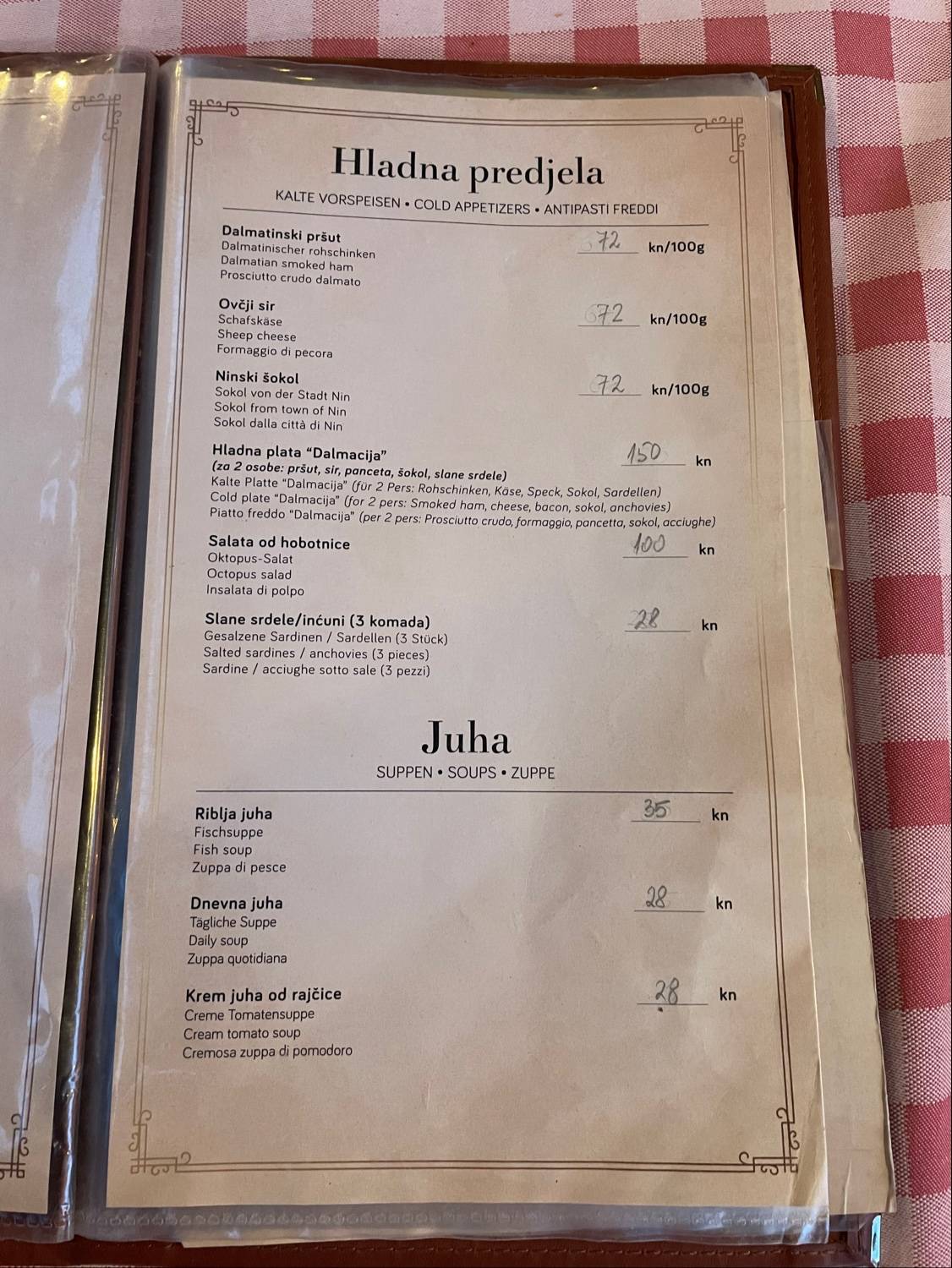 Menu at Konoba Dalmacija restaurant, Nin