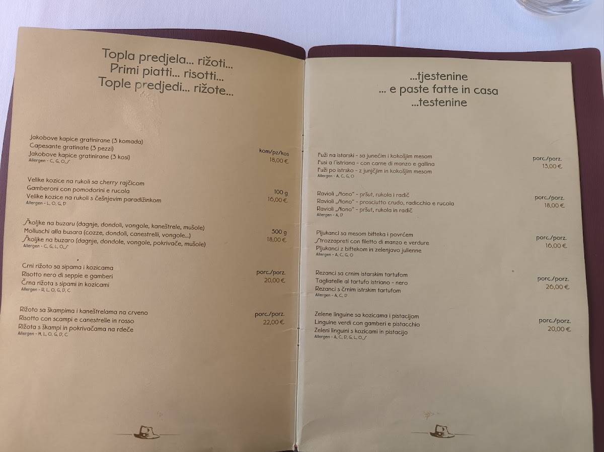Menu at Konoba Nono restaurant, Umag