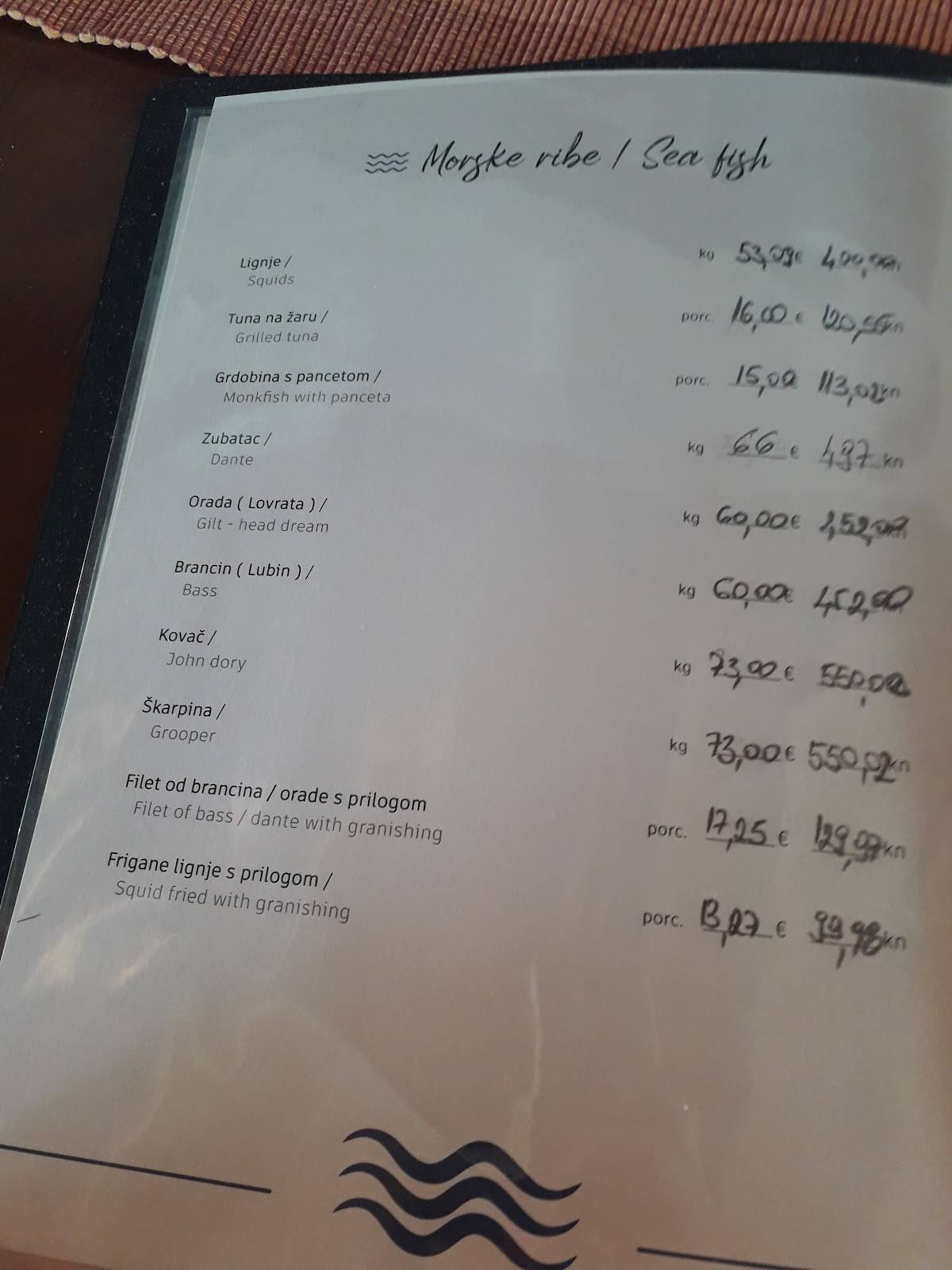 Menu at Konoba Oli restaurant, Brodarica