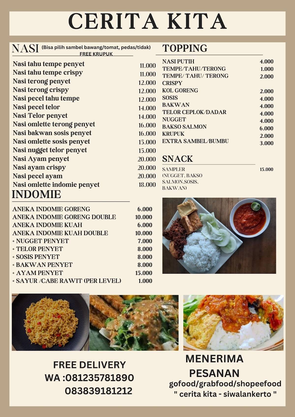 Menu at Kopi susu indomie nasi pecel dan penyetan Cerita kita ...