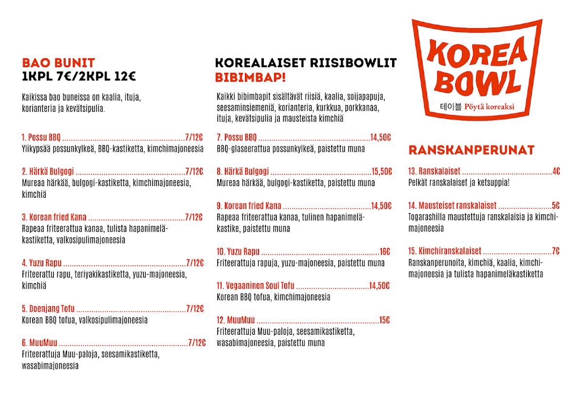 Menu at Korea Bowl Tapiola restaurant, Espoo