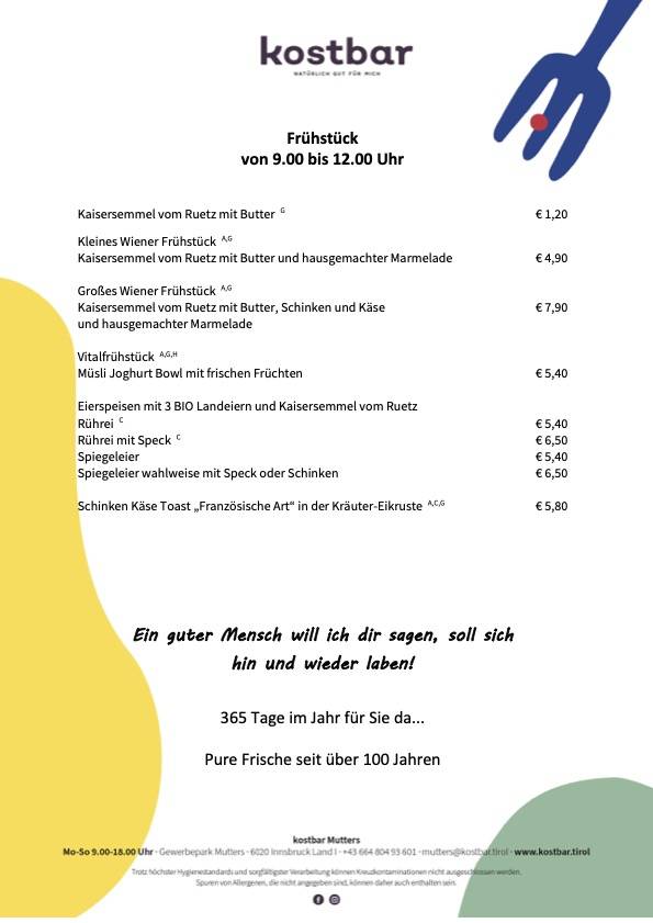 Speisekarte von Kostbar Mutters, Innsbruck
