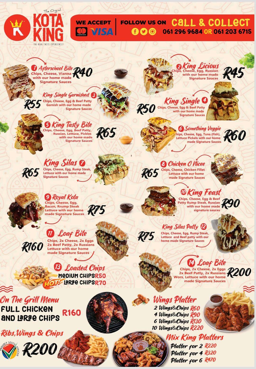 Menu at Kota king Roadhouse restaurant, Soweto, Protea Blvd